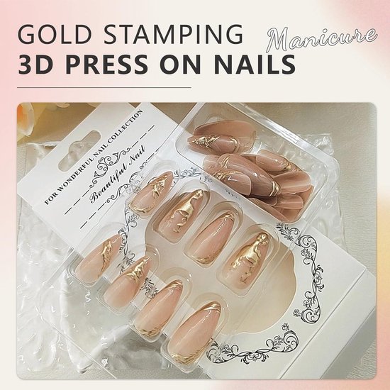 Press On Nails set - 24 stuks - korte amandelvorm - kunstnagels met 3D ...