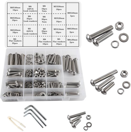 Assortiment Schroeven M5 M6 M8 met Moeren en Sluitringen, 300 Delen ...