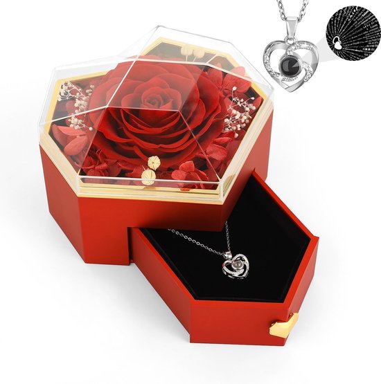 Sander Shop Geconserveerde echte roos met hartketting, Eternal Flowers ...
