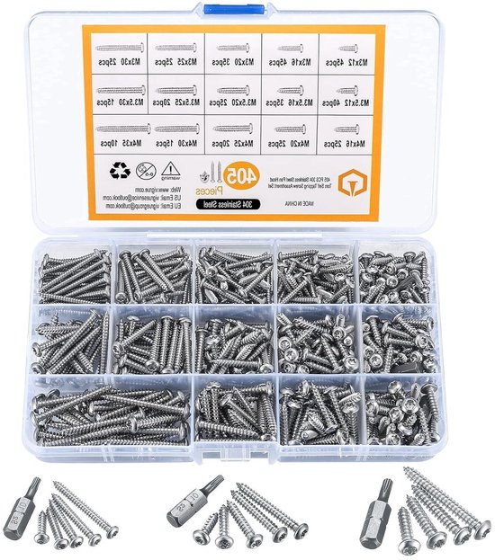 Premium - 405-delig Rondkop Schroeven Set, Torx M3/M3.5/M4, Edelstalen ...