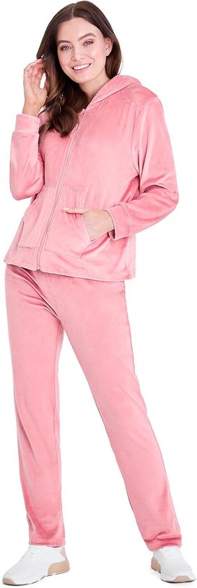 Dames Velours Trainingspak met Ritssluiting en Capuchon - 2-delige ...
