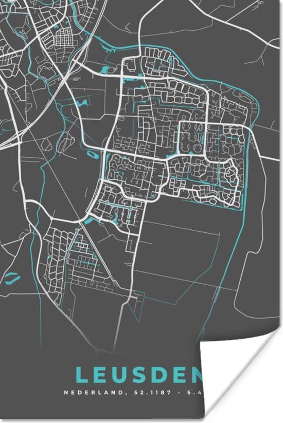 Poster Plattegrond - Leusden - Grijs - Blauw - 20x30 cm - Stadskaart ...