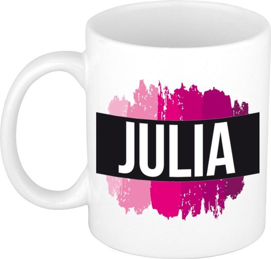 Julia naam cadeau mok / beker met roze verfstrepen - Cadeau collega ...