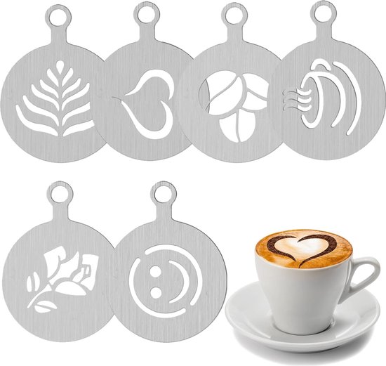 Koffiesjablonen van roestvrij staal, 6 stuks koffiedecoratiesjablonen ...