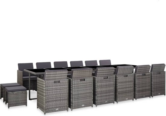 vidaXL 17-delige Tuinset met kussens poly rattan grijs - Tuintafel En ...
