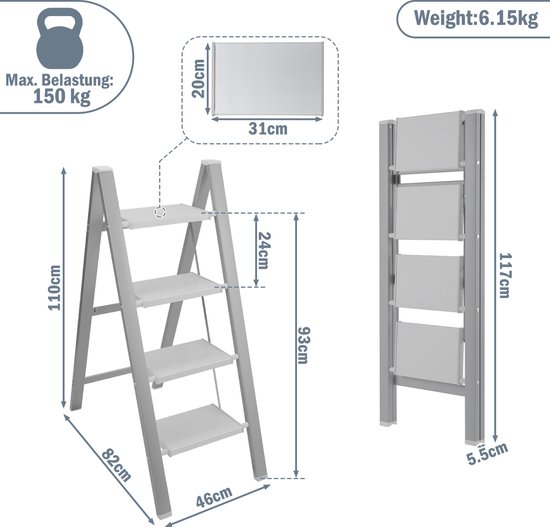 Trapladder Opvouwbare ladder 4 Treden Keukentrap Inklapbaar - Anti-Slip ...
