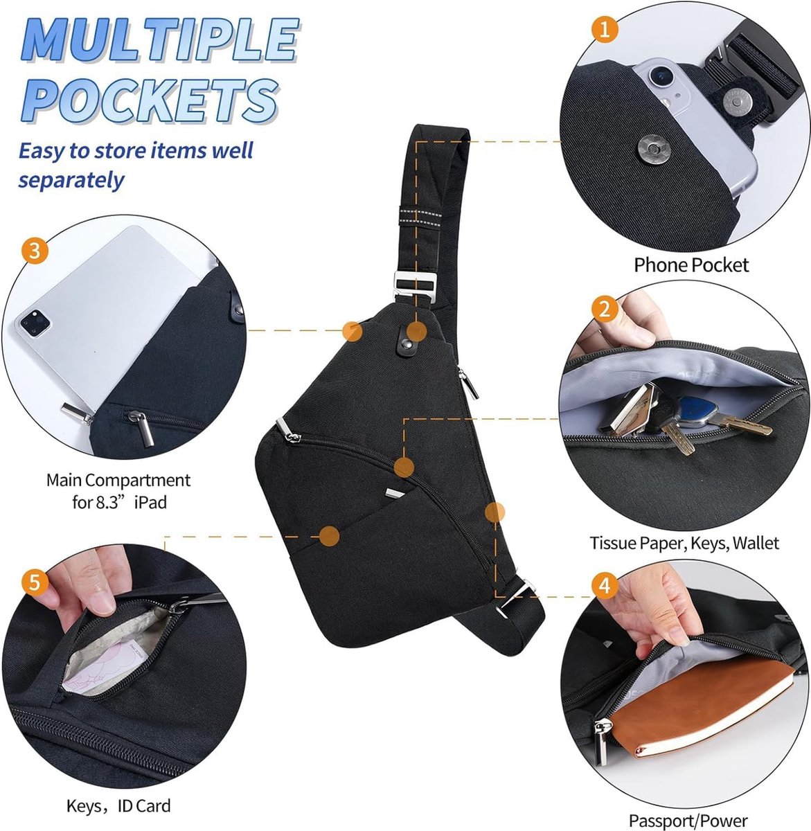 Schoudertas, anti-diefstal sling bag, schoudertas heren klein ...