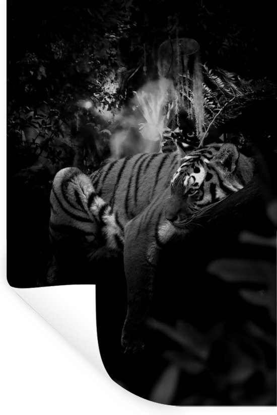 Muurstickers - Sticker Folie - Liggende tijger in de jungle - zwart wit - 60x90 cm -... | bol