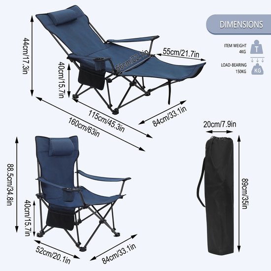 Kampeerstoel - Opvouwbare Campingstoel - Strandstoel - 2-in-1 Design ...