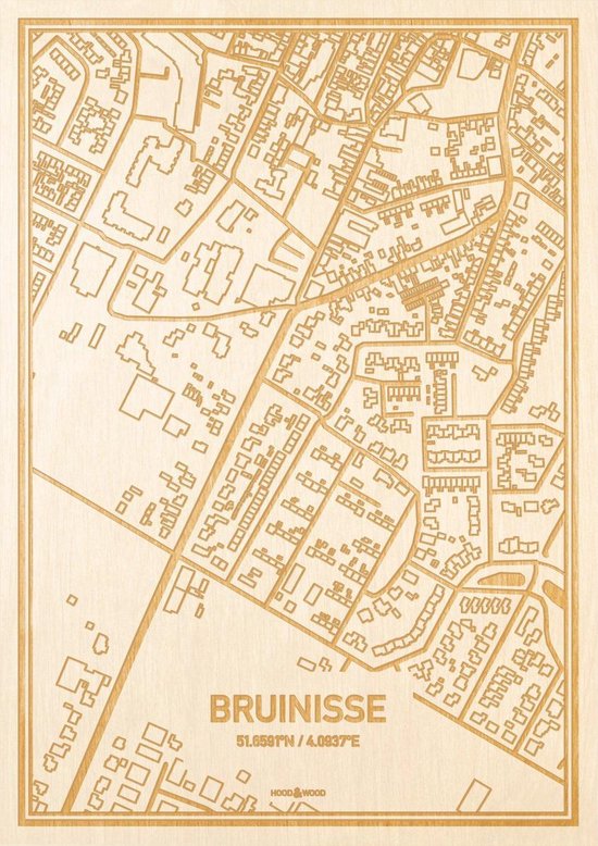 Kaart Bruinisse - Gegraveerde stadskaart Hood&Wood - Hout, A4 | bol.com