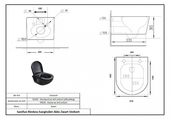 Sanifun Rimless hangtoilet Aldo Zwart Verkort | bol.com