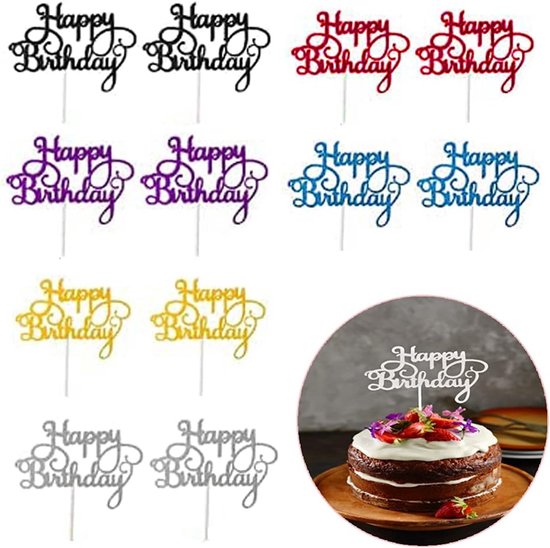 Pack of 12 Birthday Cake Toppers - Glittering Cupcake Decoration ...