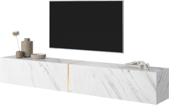 Moderne witte marmeren TV-kast met gouden accenten - 200 cm hangend ...