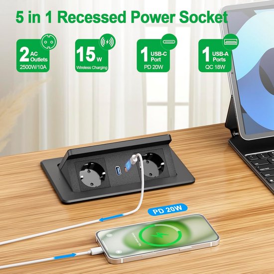 Inbouw Stopcontact Uitschuifbaar met USB-C PD, Draadloos Opladen en 2 ...