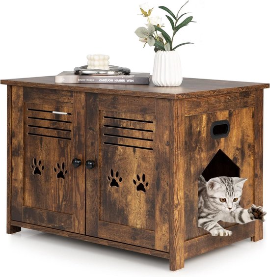 Stijlvolle Kattenbakmeubel met Tafelblad en Kattenhuis - Industrieel ...