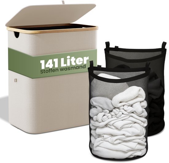 Nince Wasmand - 141L - Stoffen wasmand met deksel - Ademend materiaal | bol