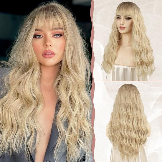 Lange Golvende Blonde Ombre Pruik met Pony - Natuurlijk Krullend ...
