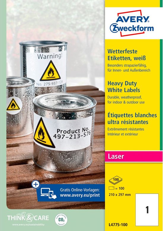 Avery-Zweckform L4775-100 Etiketten 210 x 297 mm Polyester folie Wit 100 stuk(s)... | bol