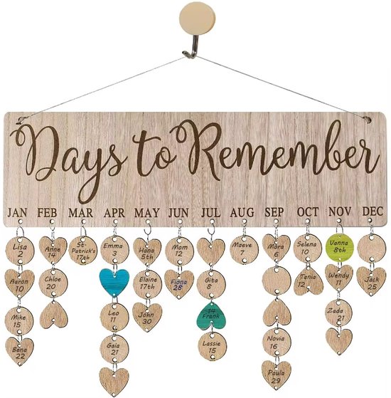 Houten verjaardagskalender met 50 hangers - Kalender - Voor alle jaren ...