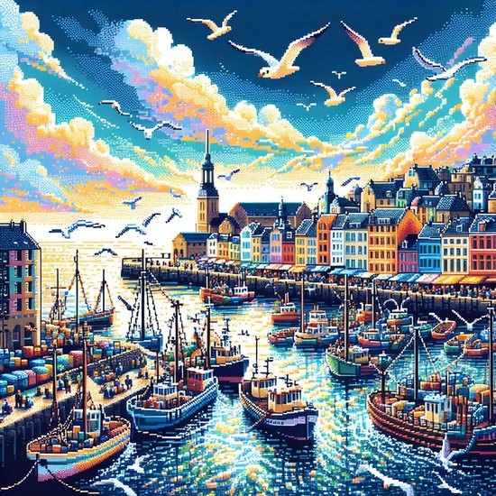 Pixel art haven schilderij | Harbour Haven: Digitalized Seaport Scene ...