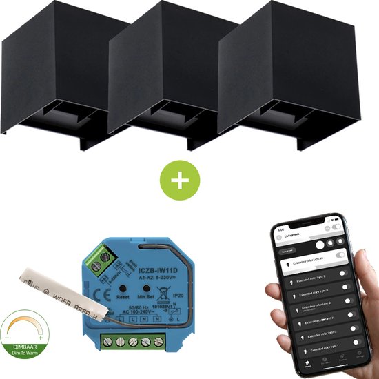 Smart | LED Cube Wandlamp 6W | Dim to Warm | IP65 | Zwart | 2000-3000K ...