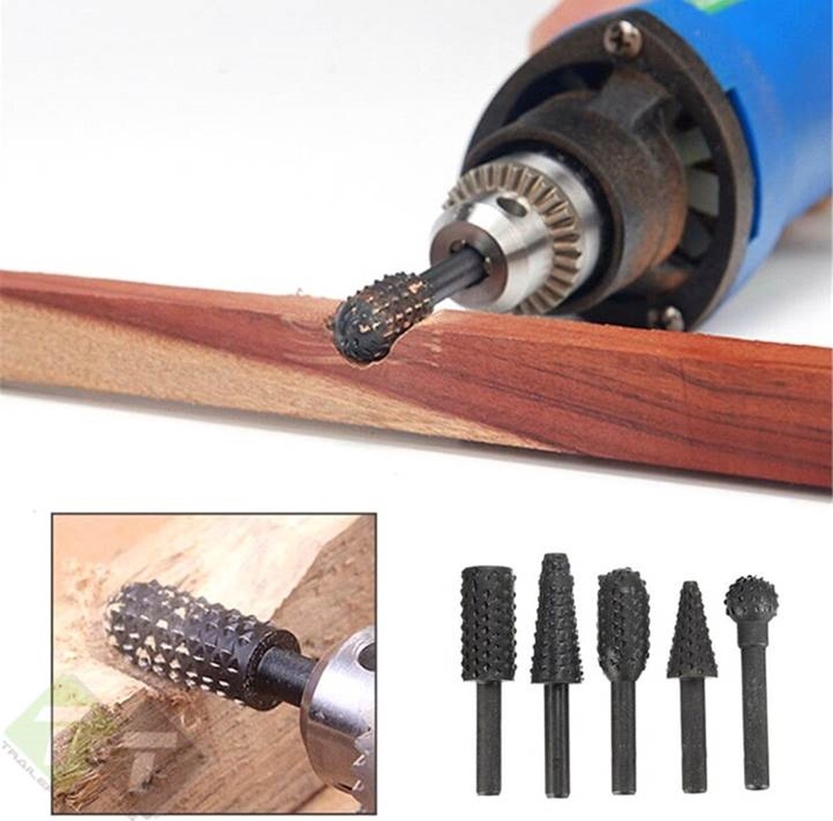 Boor raspset, houtrasp 5 delig, ovaal, cilinder, bal, klein, groot ...