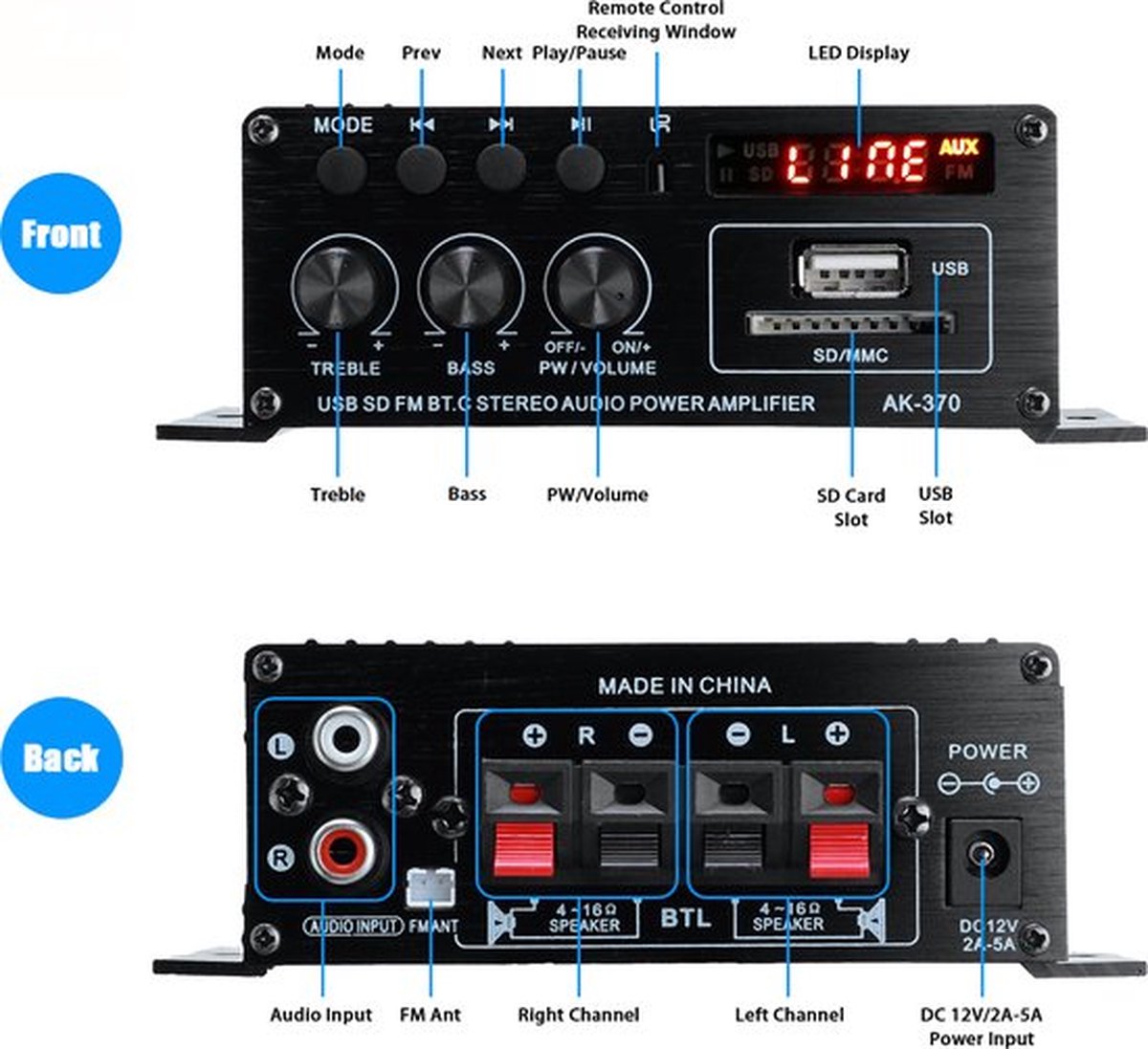 AK-370 Mini Stereo Versterker - HiFi Audio Amplifier - Zwart | bol.com