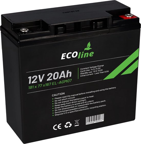 EcoLine - AGM 12V - 20AH 20000mAh VRLA Batterij - 181 x 77 x167 - Deep ...