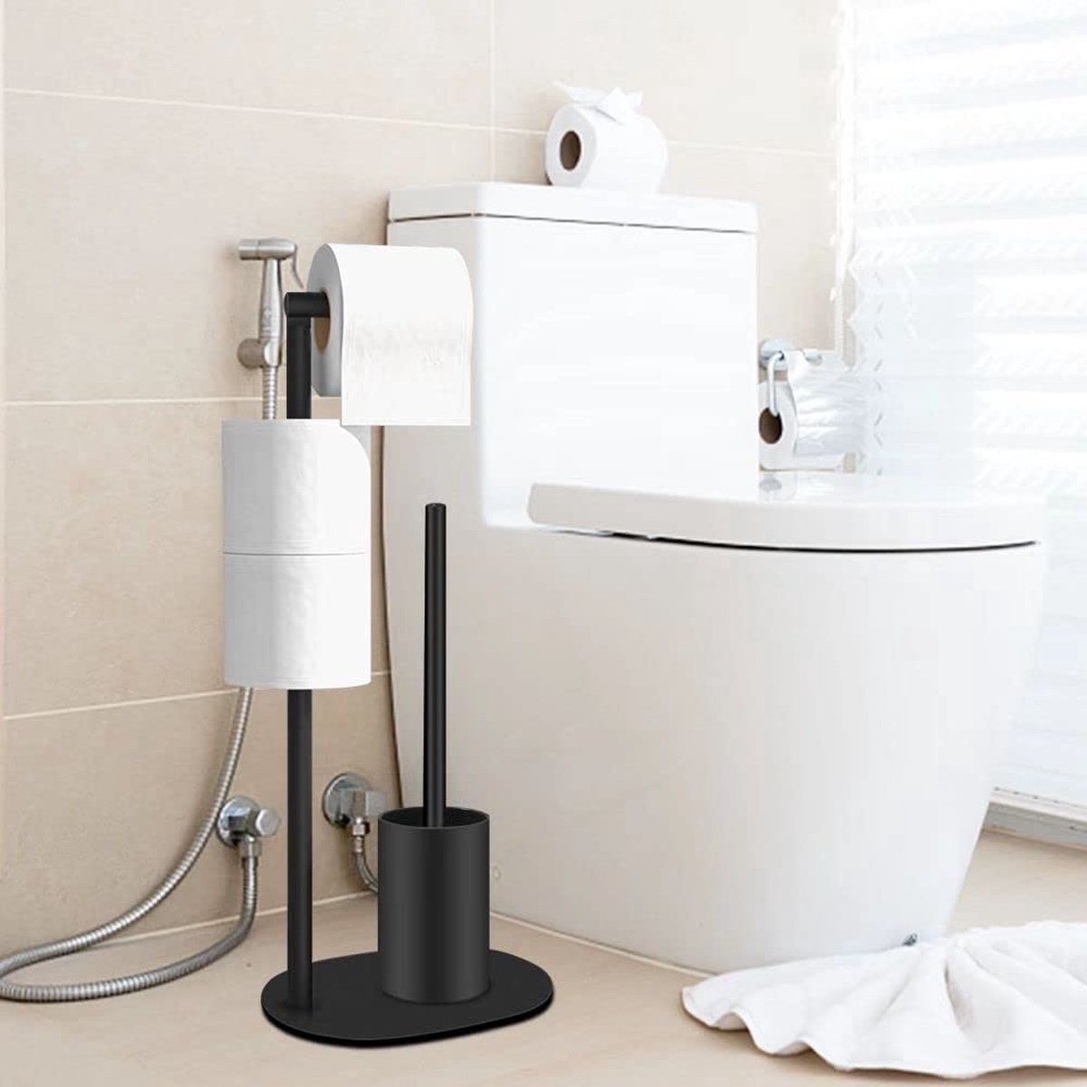 Roestvrij stalen wc-rolhouder staand met wc-borstel ...