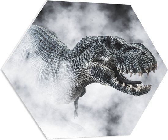 PVC Schuimplaat Hexagon - Gevaarlijke T-rex Dinosauris in de Mist ...
