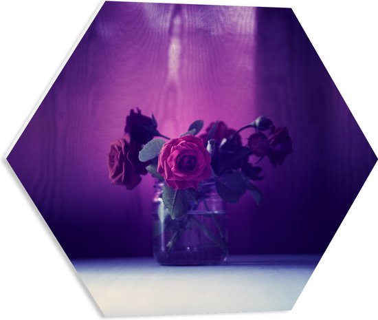 PVC Schuimplaat Hexagon - Vaas Vol Rode Rozen voor Paarse Muren - 50x43 ...