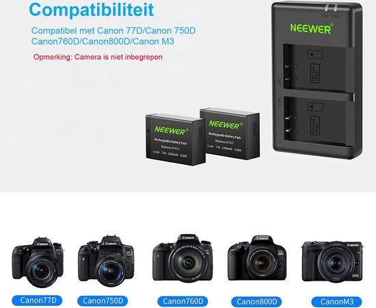 Neewer® - 2 Stuks - LP-E17 - Reservebatterij en Dubbele USB-Oplader ...