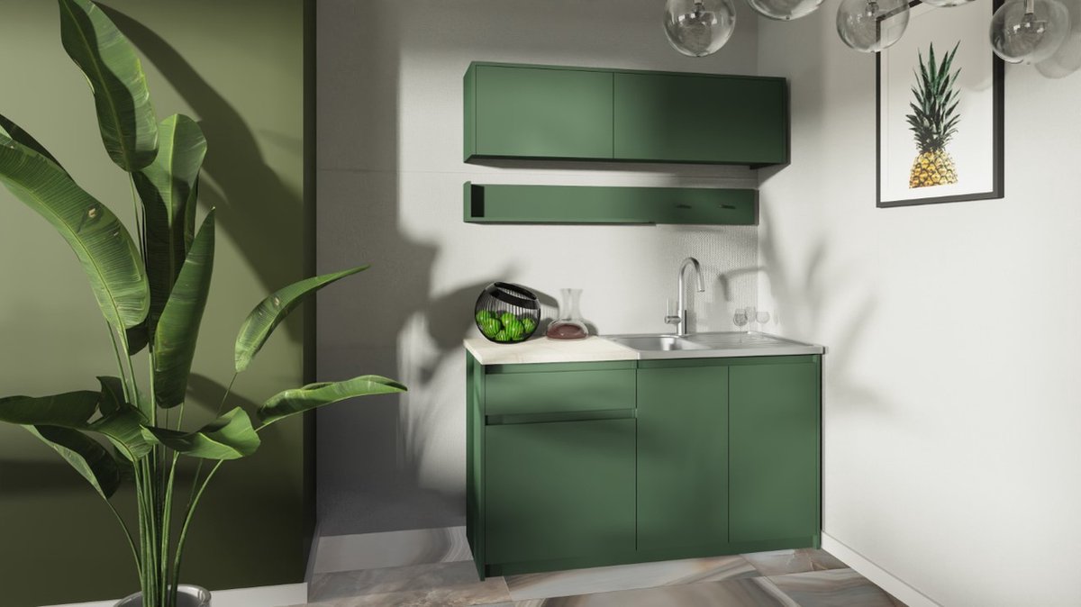 Kleine Keuken 140 cm – Dennen Groen – Keukenblok met Spoelbak & Sifon ...