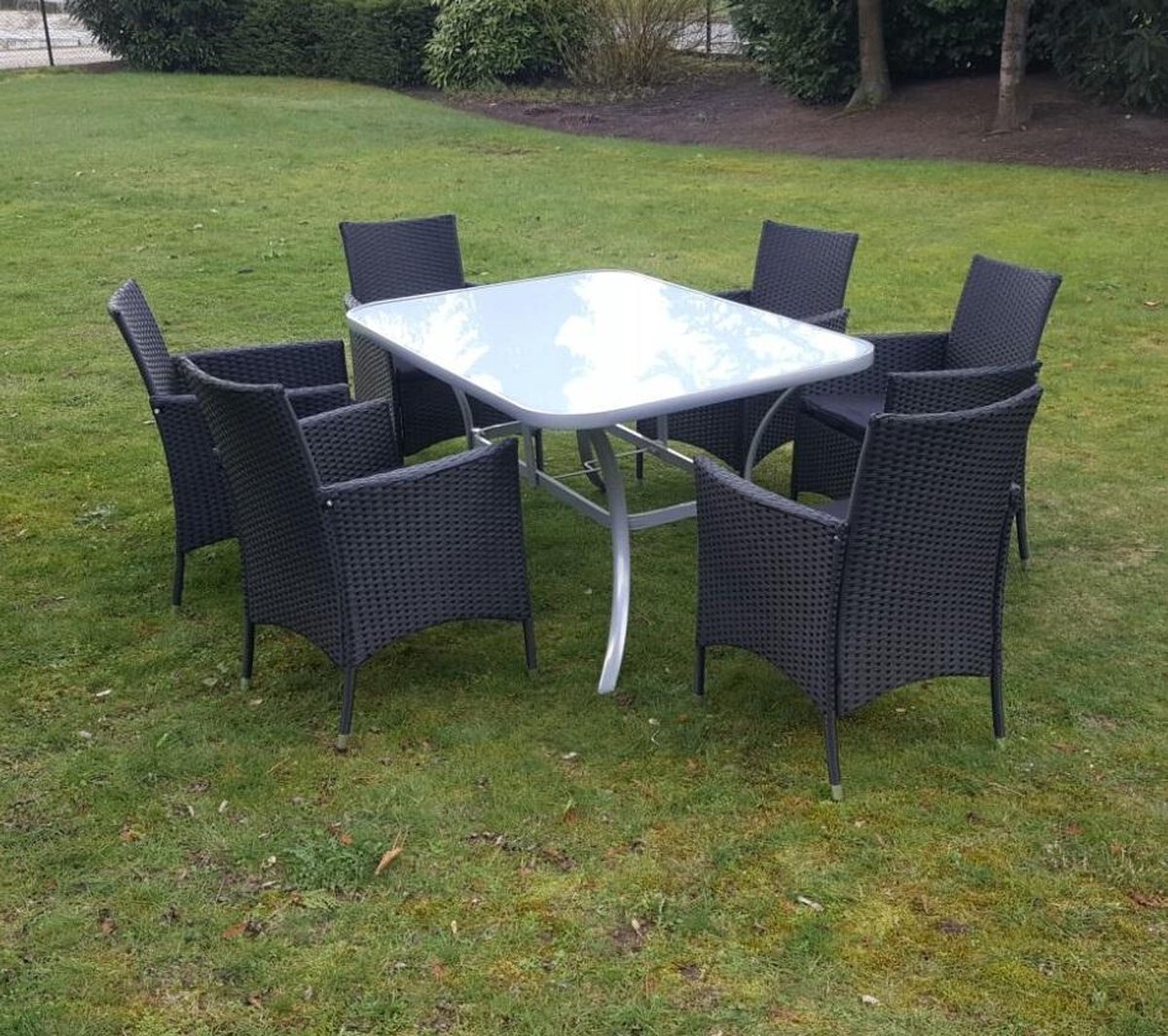 Tuinset met glazen tuintafel en 6 rattan rieten stoelen - 7 Delig | bol.com