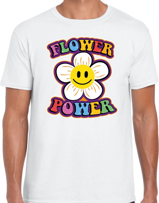 Jaren 60 Flower Power verkleed shirt wit met emoticon bloem heren ...