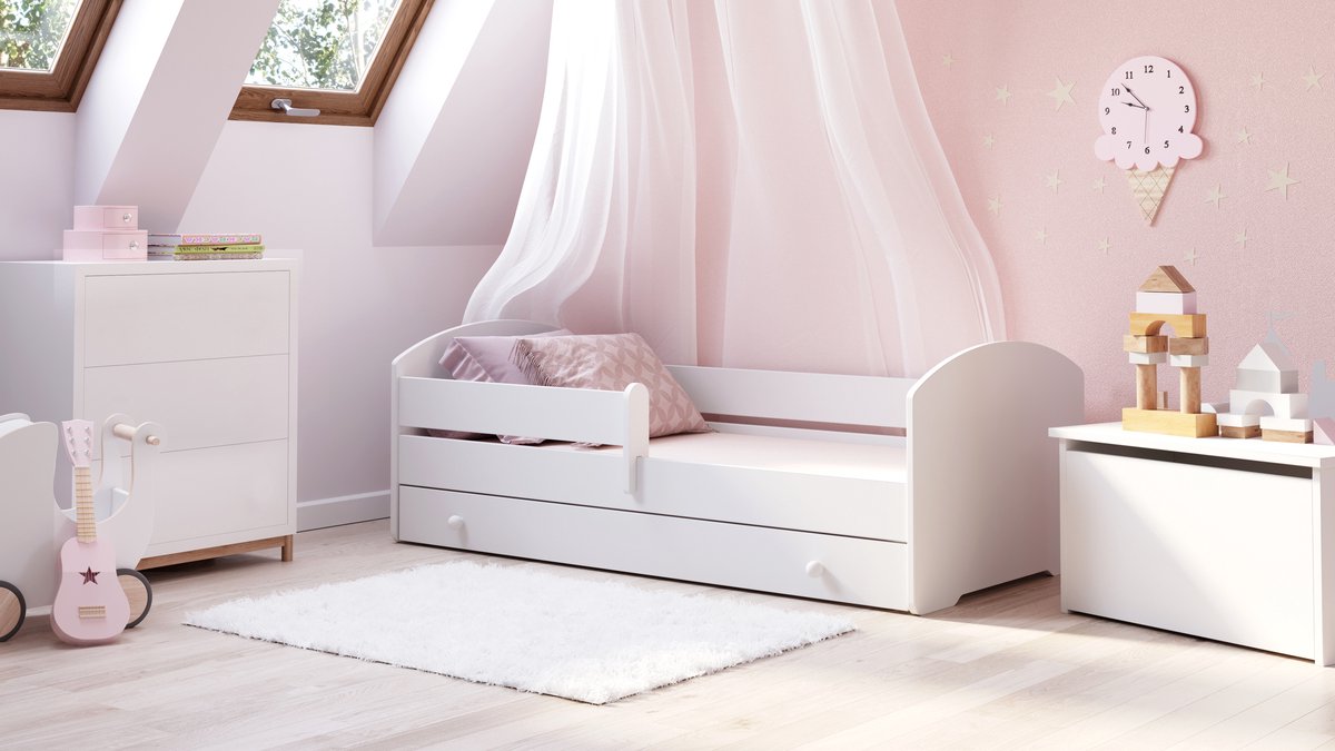 Kinderbed Luk - 160x80 - Wit - Met lade, railing, matras en frame ...