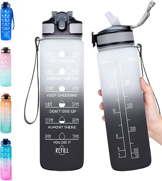 Vision Zwart-Witte Waterfles met Tijdmarkeringen | 1 Liter | Sport ...