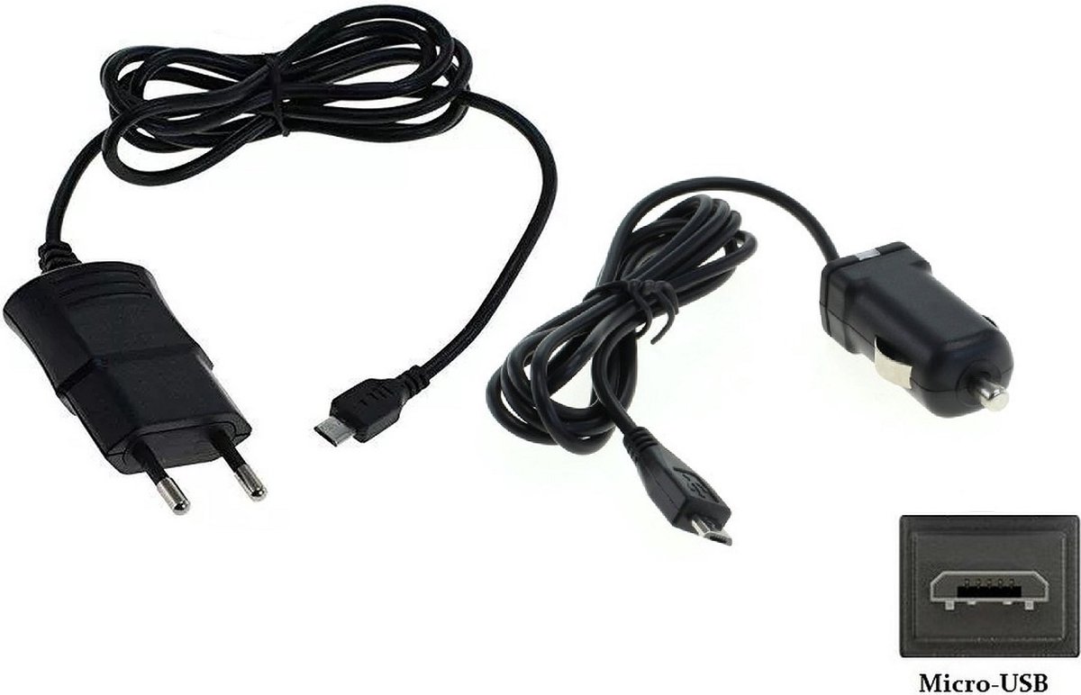 1.0A Micro USB set. Lader en autolader. 1 m lang snoer. Oplader adapter ...