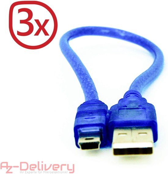AZDelivery 3 x Blauwe mini USB-kabel compatibel met Arduino Nano V3 ...