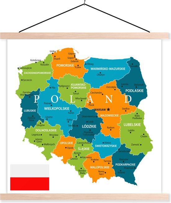 Posterhanger incl. Poster 40x40 cm - Schoolplaat - Kaart van Polen in ...