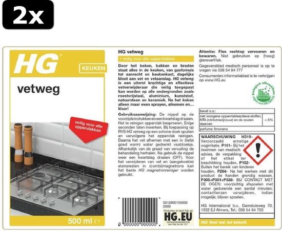 2x HG vetweg - 500ml - krachtige ontvetter - veilig voor alle ...