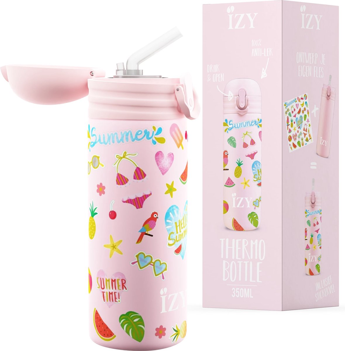 IZY Bottles - Pastel Roze Zomer | 350 ML | Kinderen | Thermosfles ...
