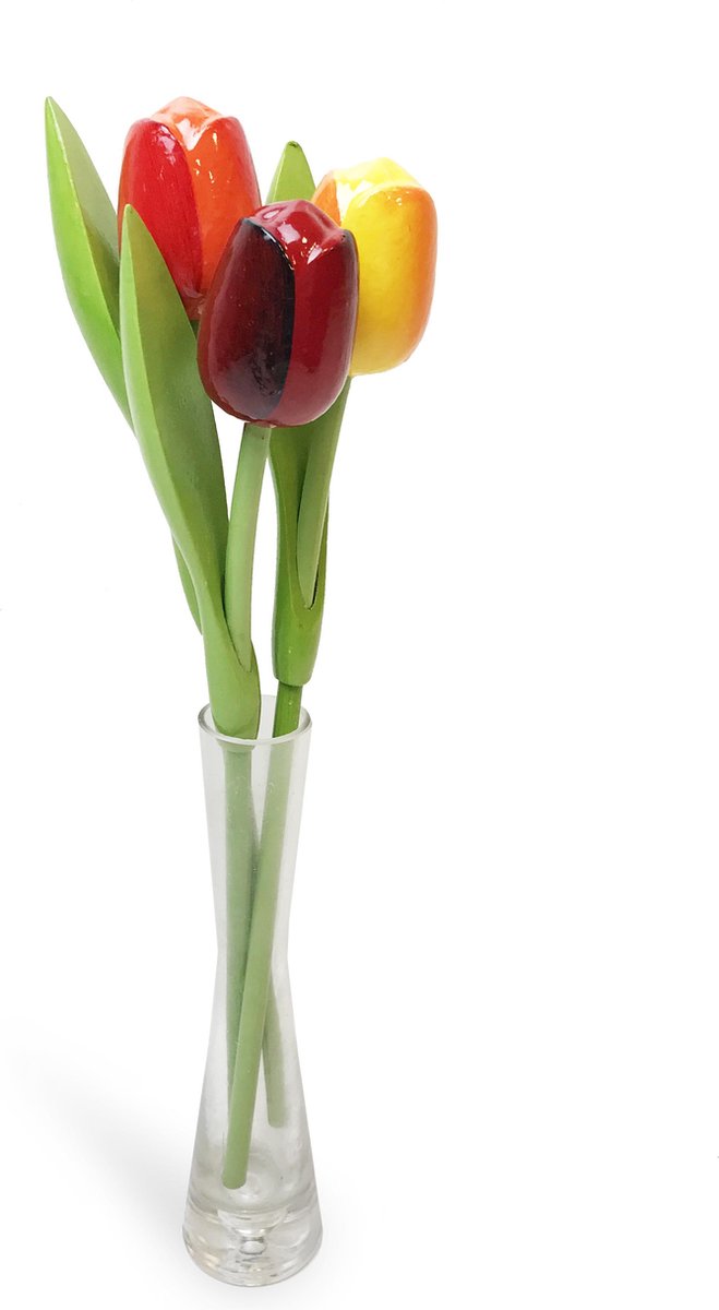 Houten Tulp set - 3 tulpen met vaasje - rood oranje geel | bol.com