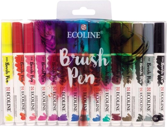 Talens Ecoline set van 15 Brush Pennen + 1 A4 Ecoline Blok + 1 Ecoline ...