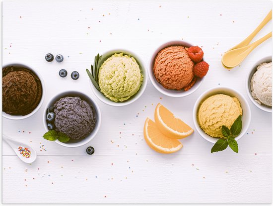 Poster (Mat) - Ijs - Bolletjes - Lepels - Bakjes - Fruit - Bosbessen ...