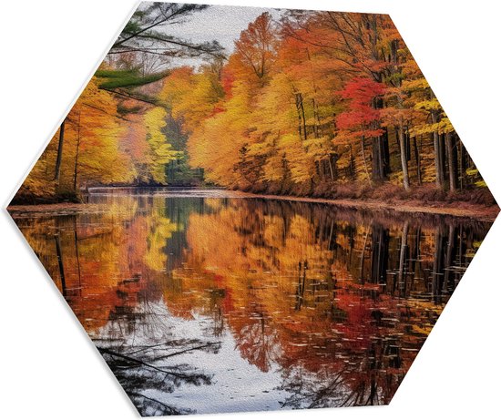 PVC Schuimplaat Hexagon - Water - Bomen - Bos - Herfst - Bladeren ...