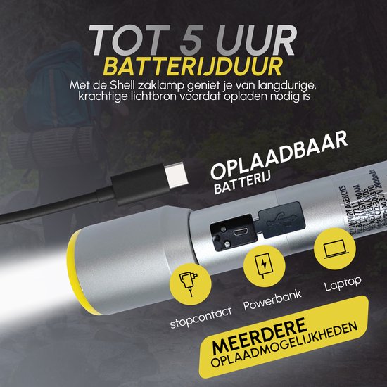 Shell Zaklamp LED Oplaadbaar - Militair Zaklamp - 500lm - Dimbaar – Zoomfunctie -... | bol.com