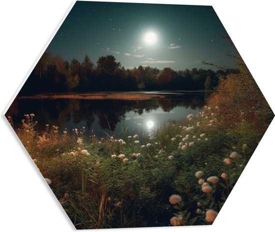 PVC Schuimplaat Hexagon - Landschap - Maan - Bloemen - Bomen - Planten ...