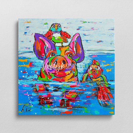 Het varken in het water | Vrolijk Schilderij | 60x60cm | Dikte 4 cm ...