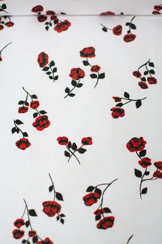 Satin uni blanc avec roses rouges 1 mètre - tissus mode à coudre ...